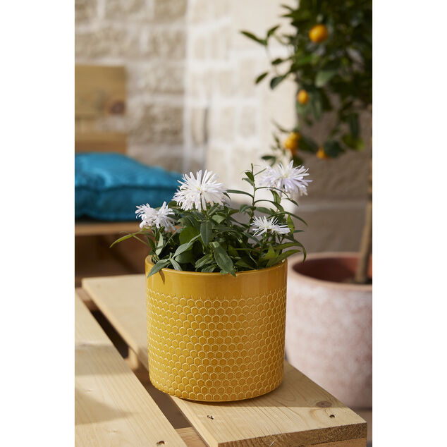 Pot de fleur jaune motif nid d'abeille Capri Ø13,5x12,3cm 1,29L | GIFI