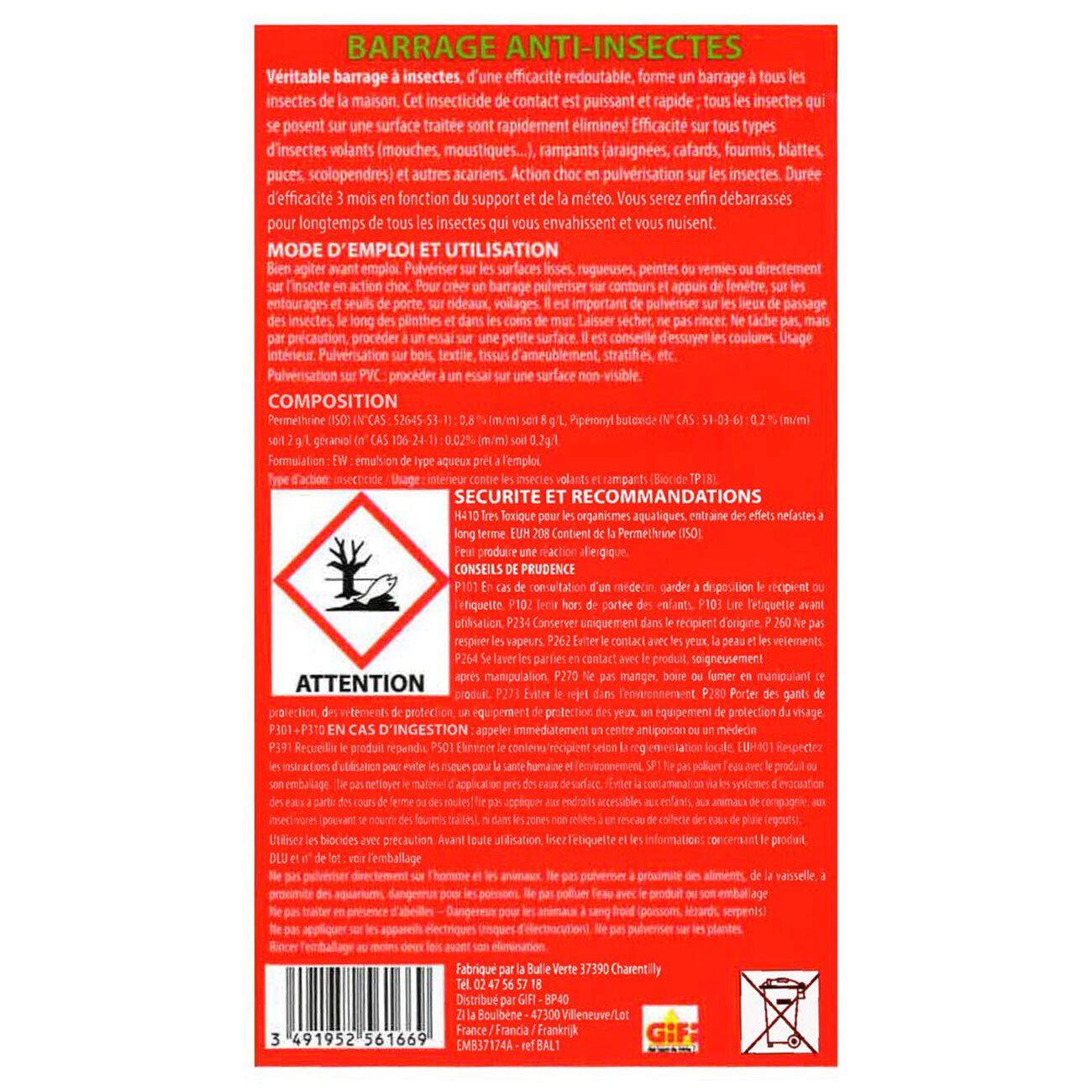 Répulsif barrage anti insectes 1L | GIFI