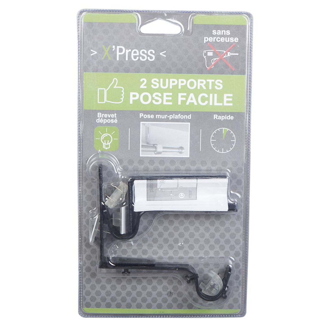 Support tringle ø2 cm Noir pose facile Mur Plafond Sans Perceuse x2 | GIFI