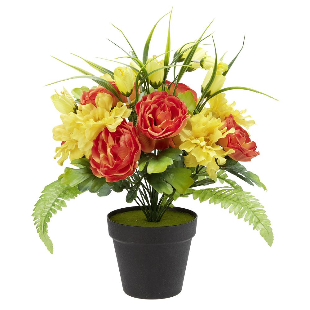 Pot Dahlia+chrysanthème+camélia H25 cm orange jaune -Fleur artificielle ...