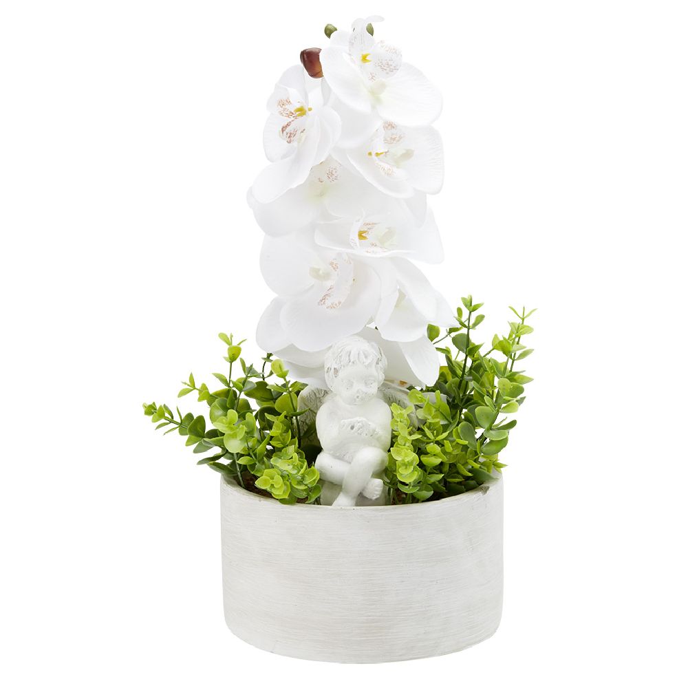 Fleur artificielle orchidée dans pot en ciment H40 cm blanc | GIFI