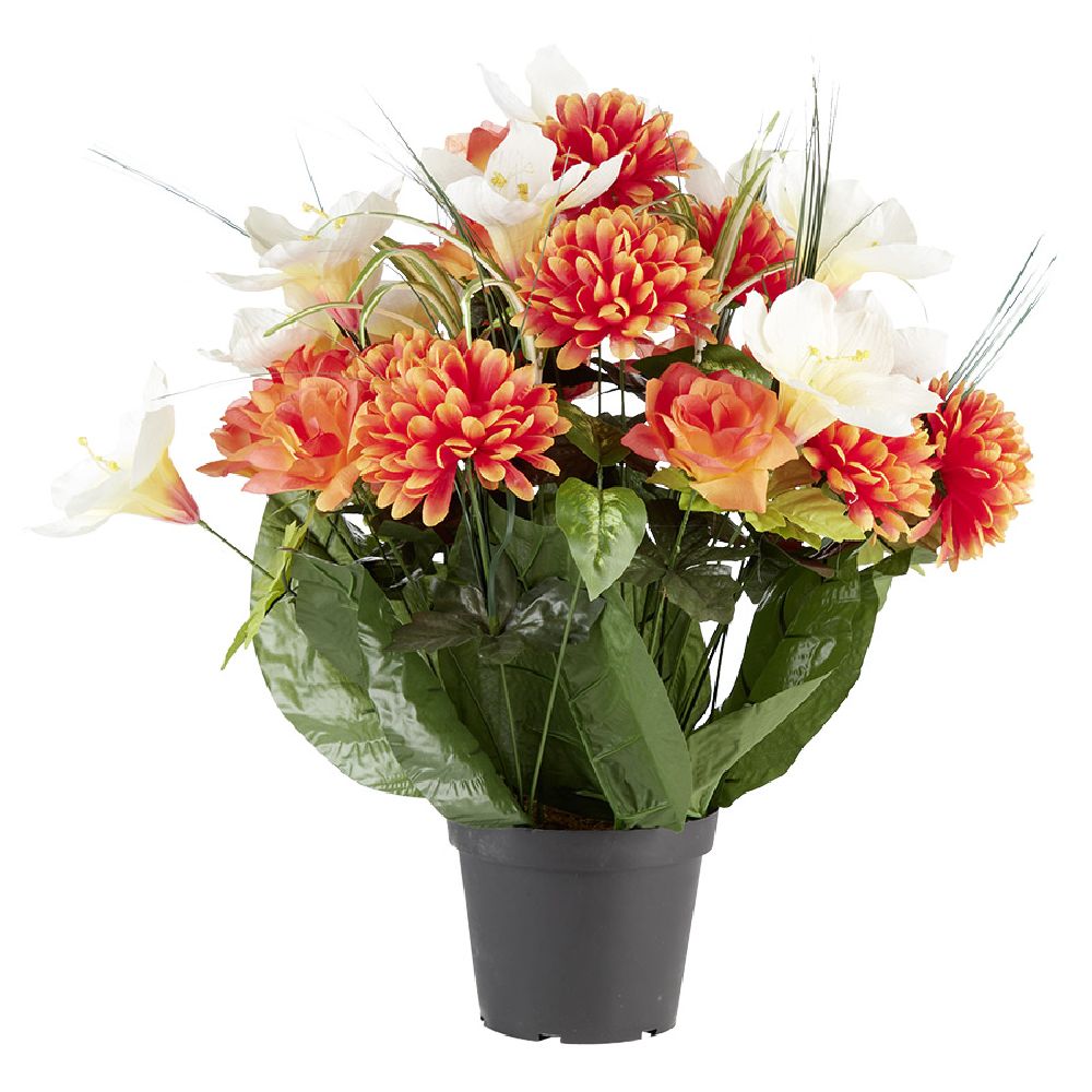 Pot chrysanthème+rose+lys H58 cm orange - Fleur artificielle 30 têtes ...