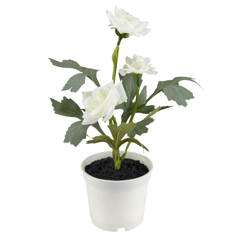 Fleurs artificielles rosier blanc 3 têtes pot plastique noir Ø9,5xH27cm ...